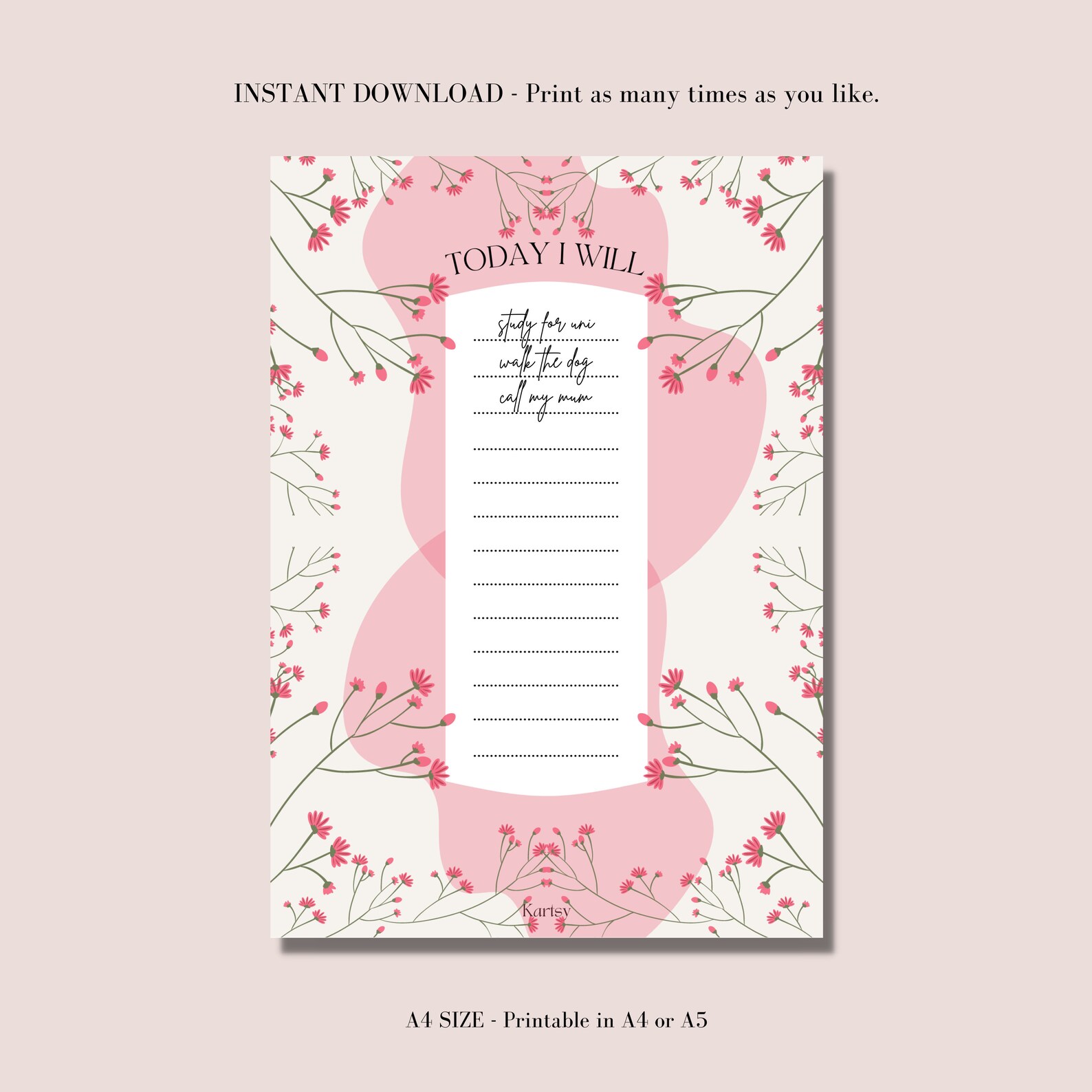 Printable to Do List, Blank Intention List, A4 A5 PDF File for Download ...