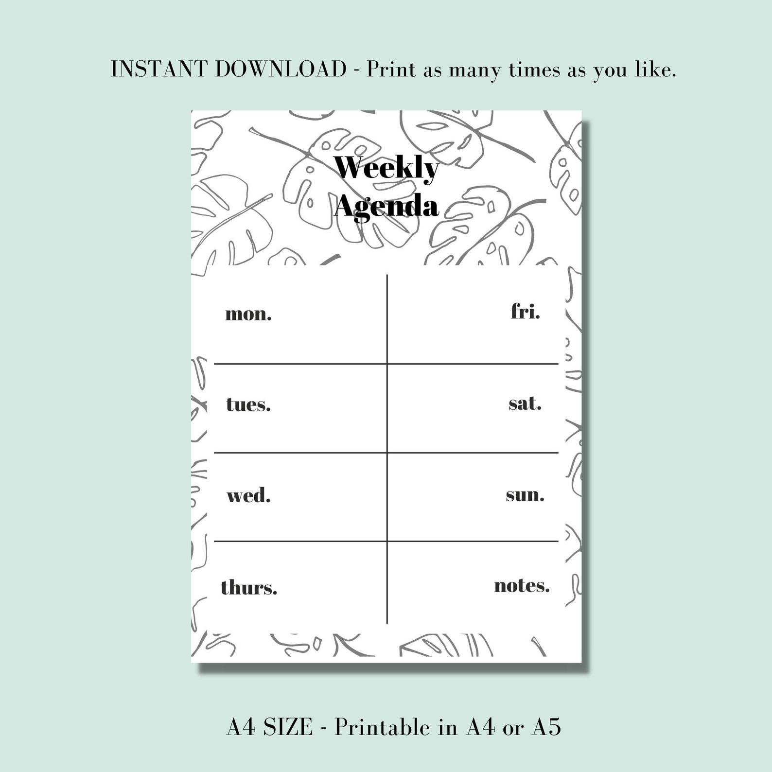 Printable Weekly Monstera Calendar Blank Weekly Planner A4 - Etsy