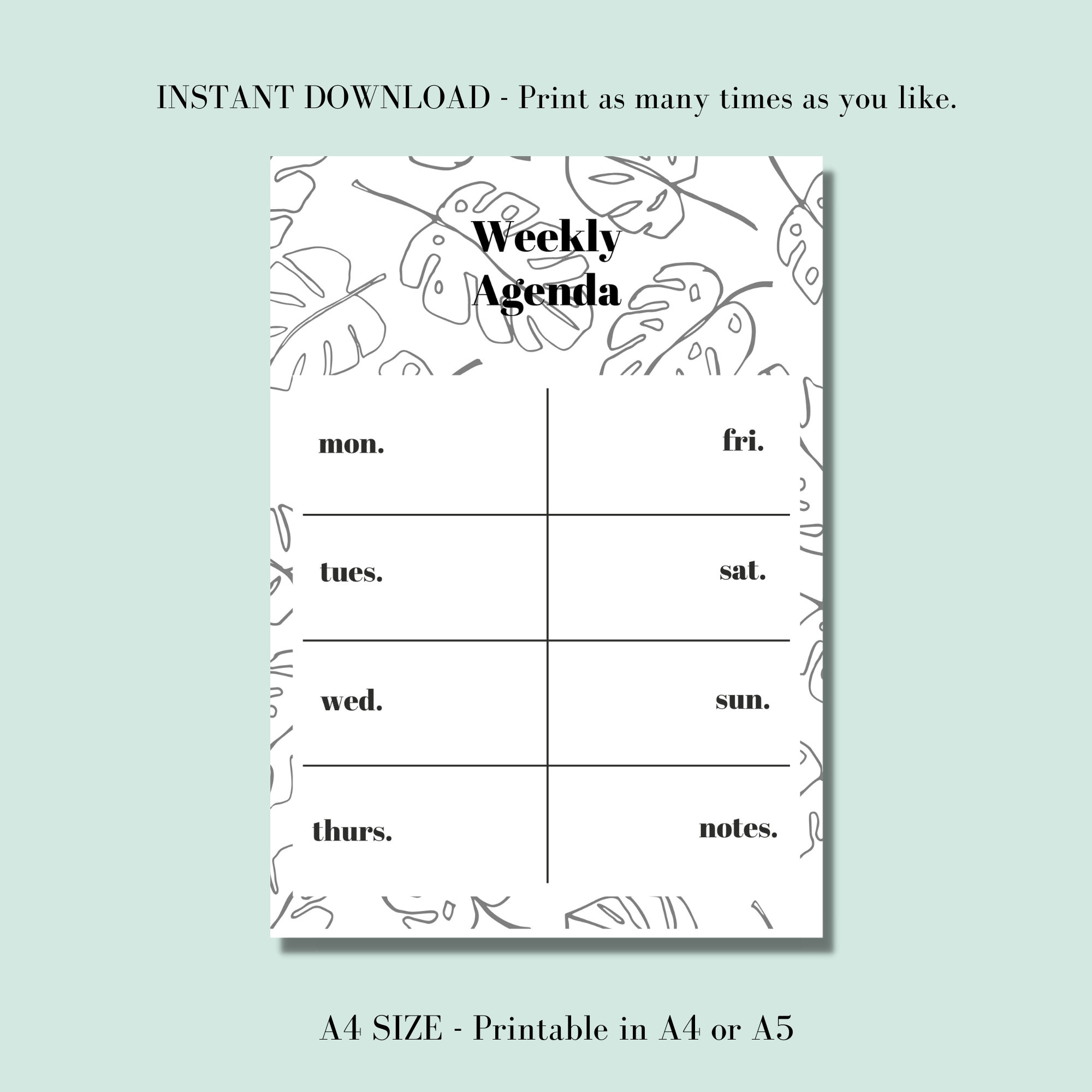 Printable Weekly Monstera Calendar Blank Weekly Planner A4 - Etsy