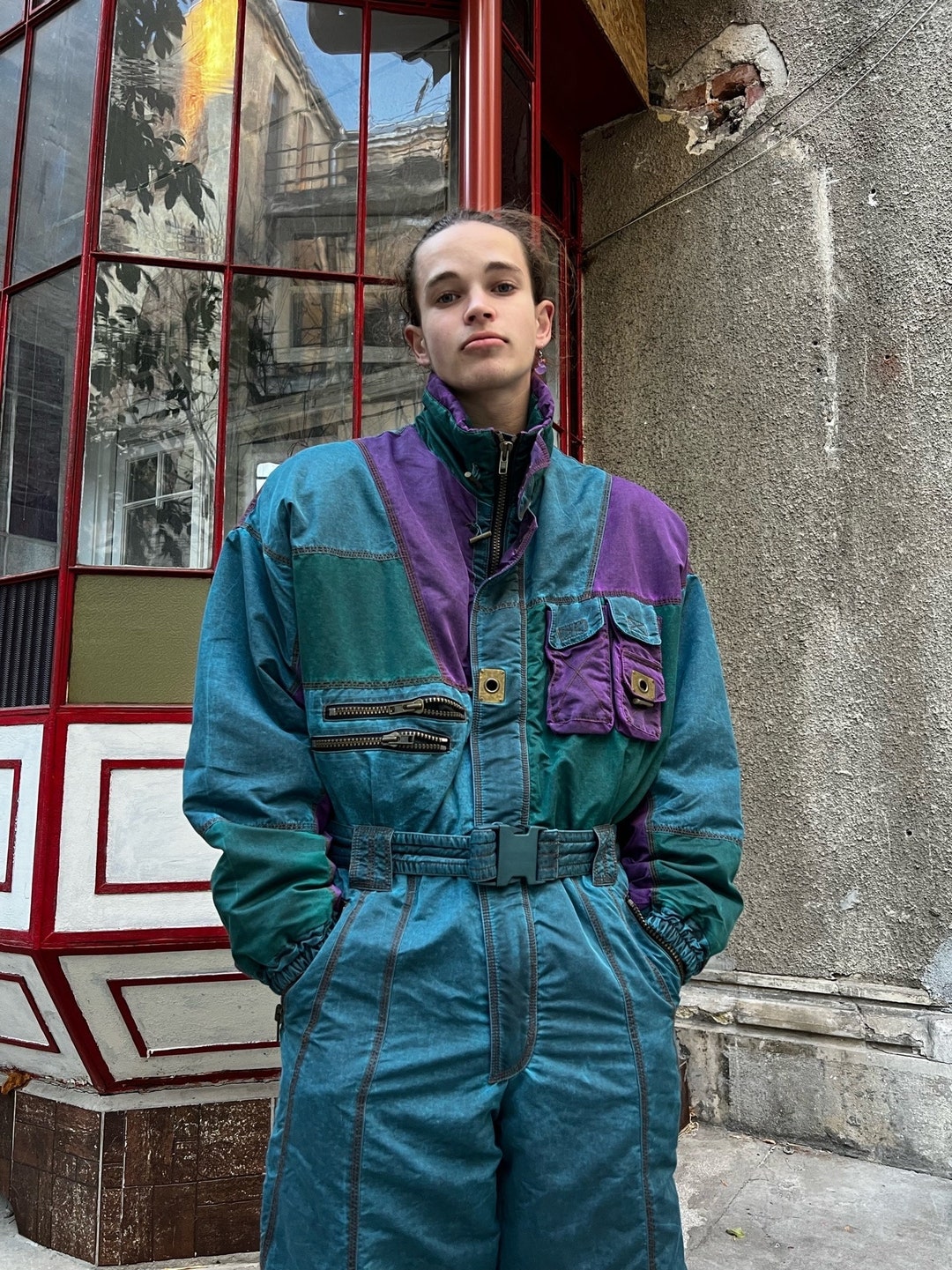 Green With Purple Rodeo Ski Suit Overall With Cool Design and Multi ...