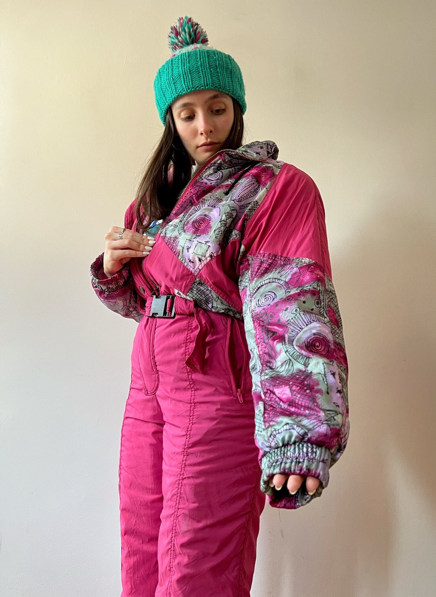 Retro Fuchsia Hibernia Ski Suit, Cool Doodle Design, Belted, Made in ...