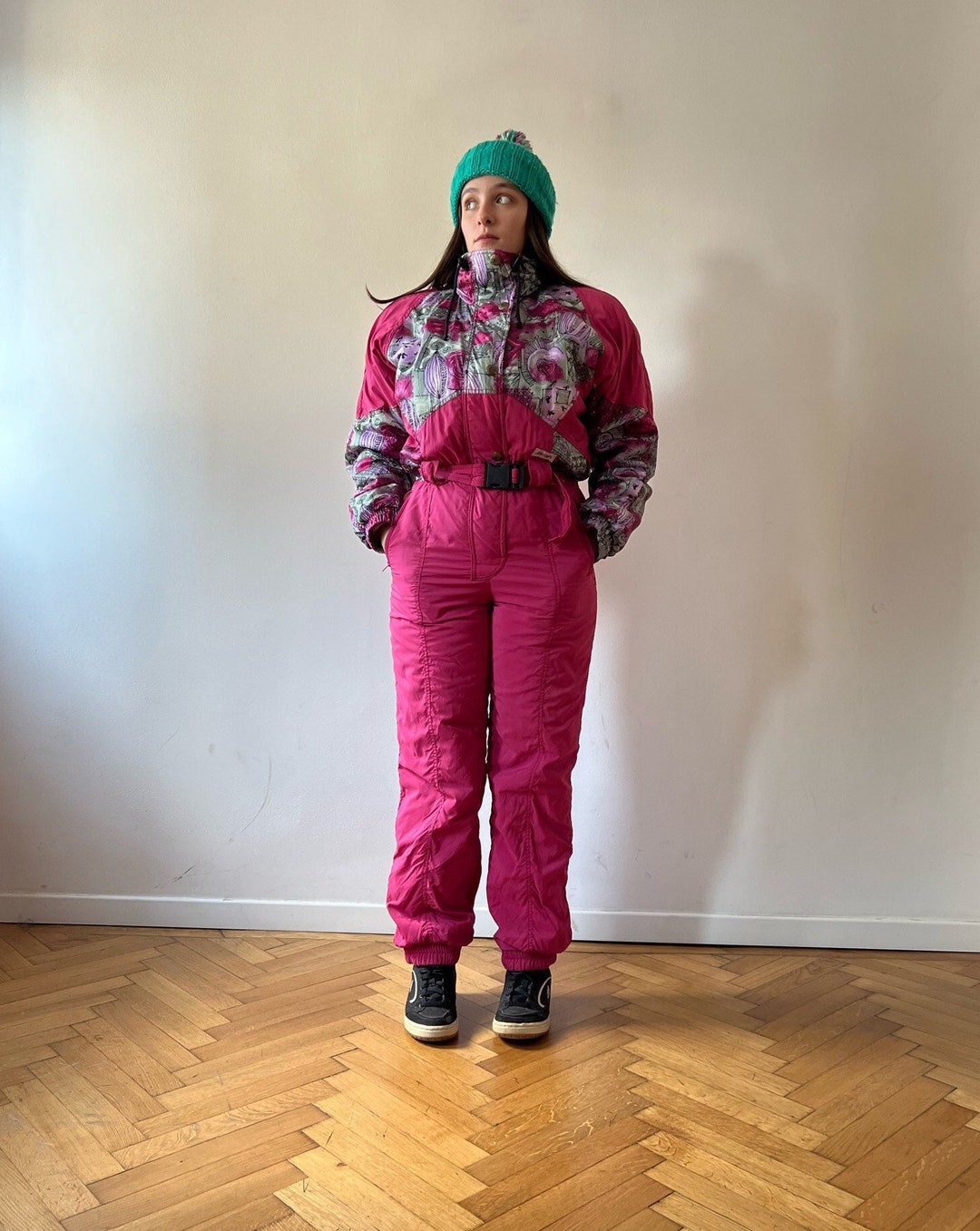 Retro Fuchsia Hibernia Ski Suit, Cool Doodle Design, Belted, Made in ...