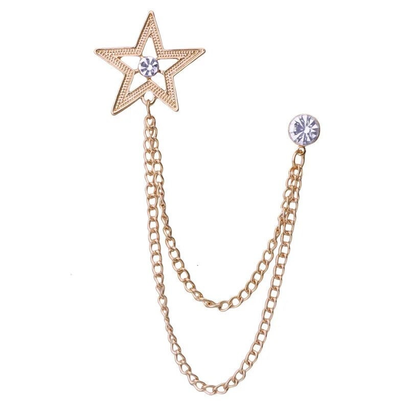 Vintage Men's Lapel Pin With Chain Tassel Gold Star Rhinestone Brooch ...
