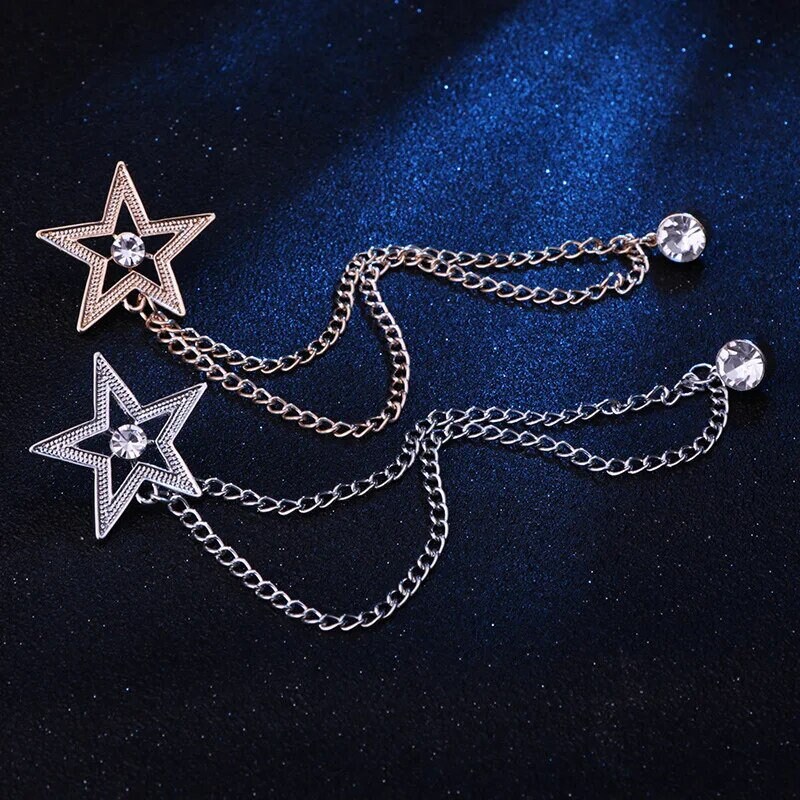 Vintage Men's Lapel Pin With Chain Tassel Gold Star Rhinestone Brooch ...