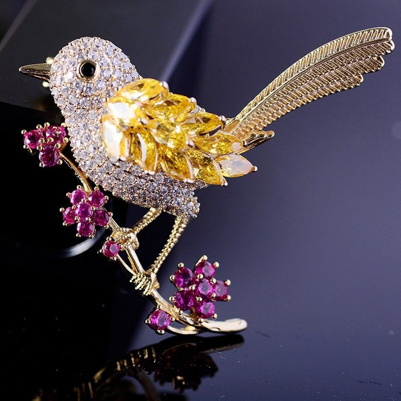Vintage Yellow Hummingbird Bird Flower Woman's Brooch Pin - Etsy