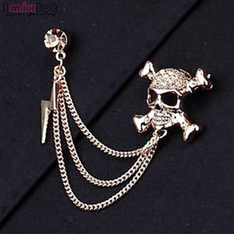 Unisex Men Brooch Personality Skull Head Lightning Chain Tassel ...