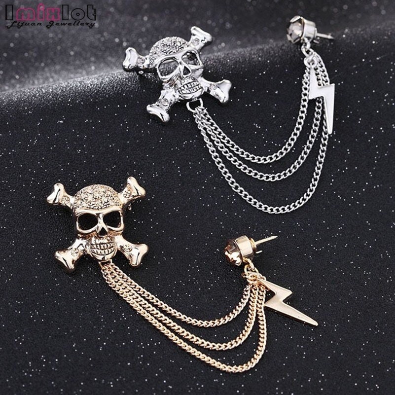 Unisex Men Brooch Personality Skull Head Lightning Chain Tassel ...