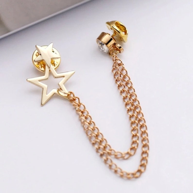 Vintage Men's Lapel Pin With Chain Tassel Gold Star - Etsy