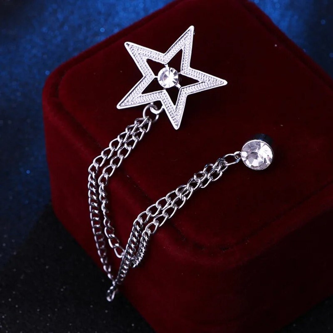Vintage Men's Lapel Pin With Chain Tassel Gold Star Rhinestone Brooch ...