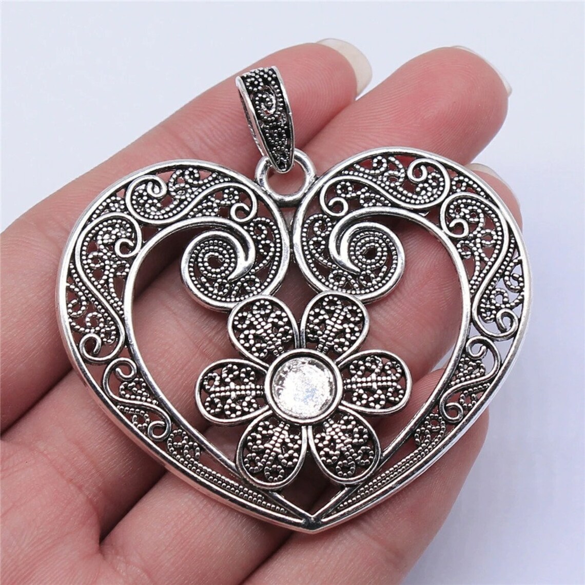 1pcs 61x53mm Antique Silver Color Flower Heart Charms Pendant for ...