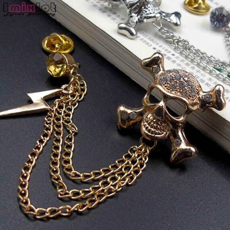 Unisex Men Brooch Personality Skull Head Lightning Chain Tassel ...