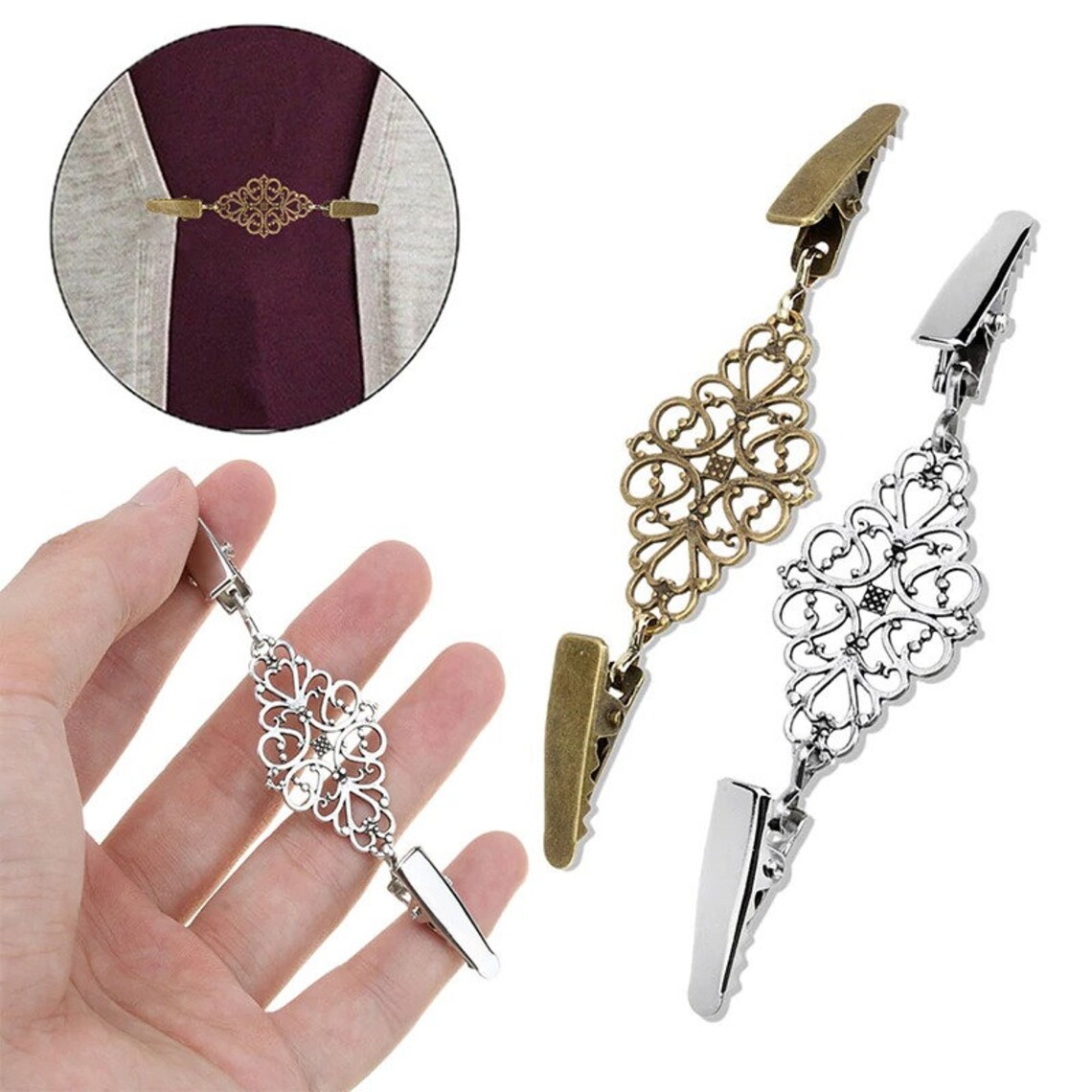 Gold Silver Color Duck Clips Flexible Beaded Pearl Pin Brooch Shawl ...