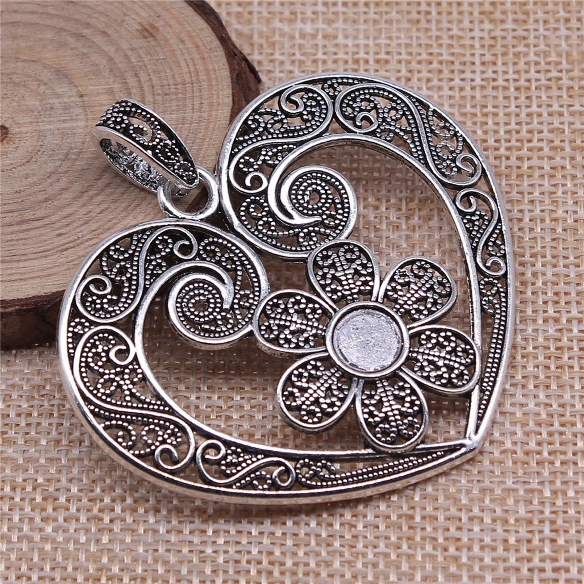 1pcs 61x53mm Antique Silver Color Flower Heart Charms Pendant for ...