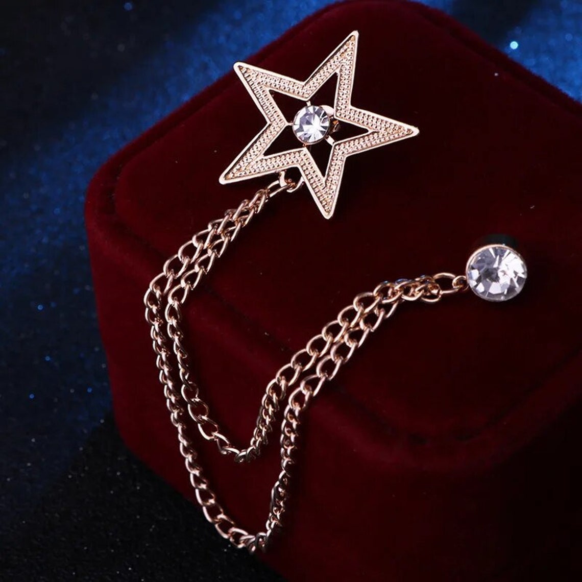 Vintage Men's Lapel Pin With Chain Tassel Gold Star Rhinestone Brooch ...