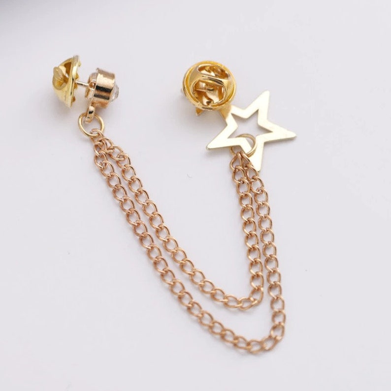 Vintage Men's Lapel Pin With Chain Tassel Gold Star - Etsy