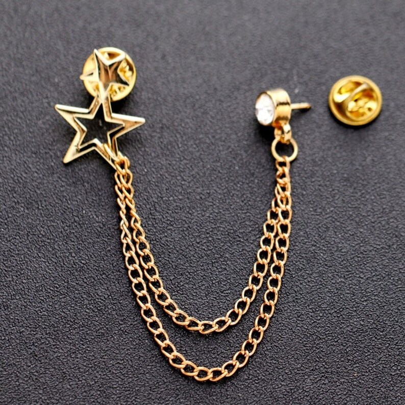 Vintage Men's Lapel Pin With Chain Tassel Gold Star - Etsy