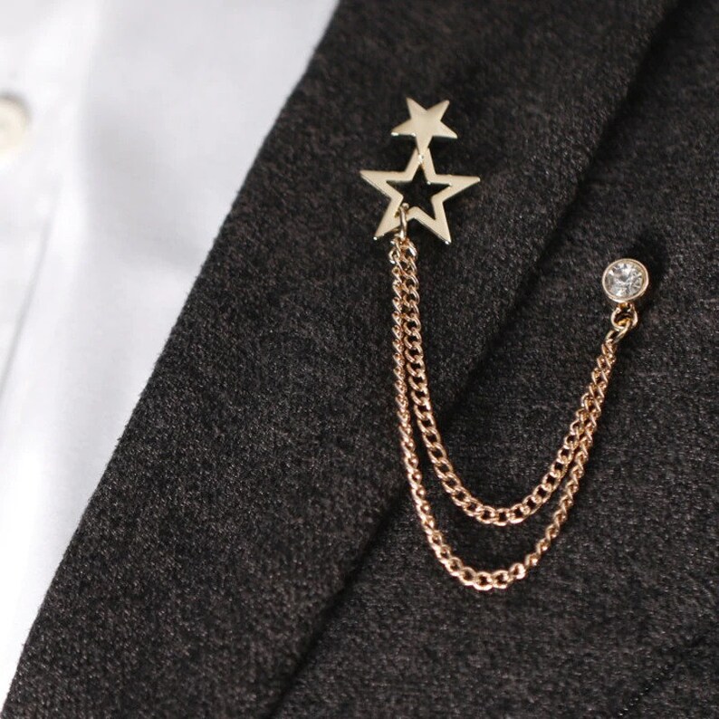 Vintage Men's Lapel Pin With Chain Tassel Gold Star - Etsy