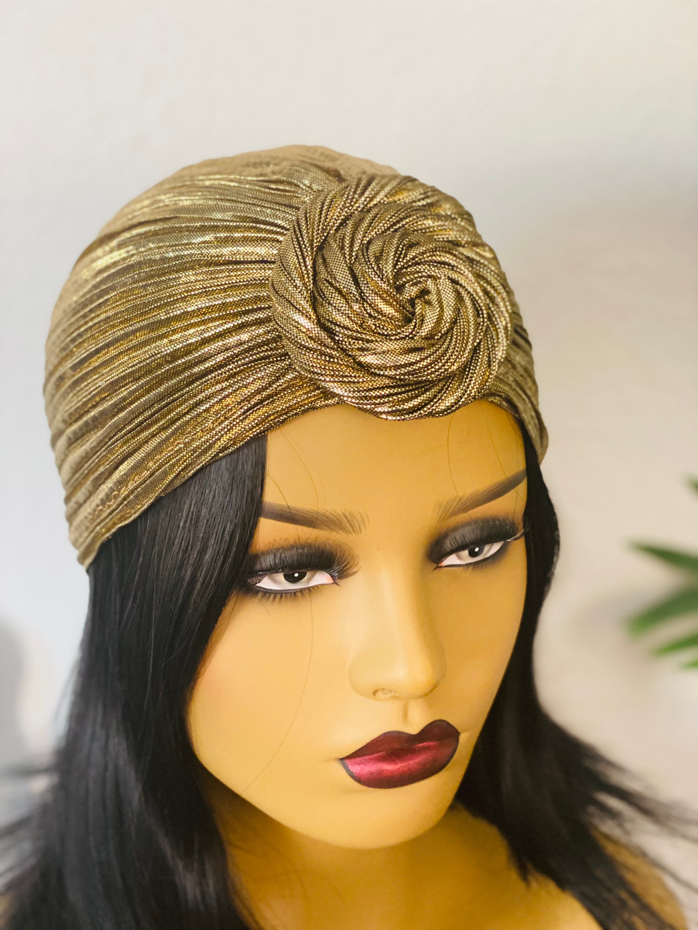 Ruched METALLIC SILVER or GOLD Twisted Pre-tied Turban | Stretchy Light ...