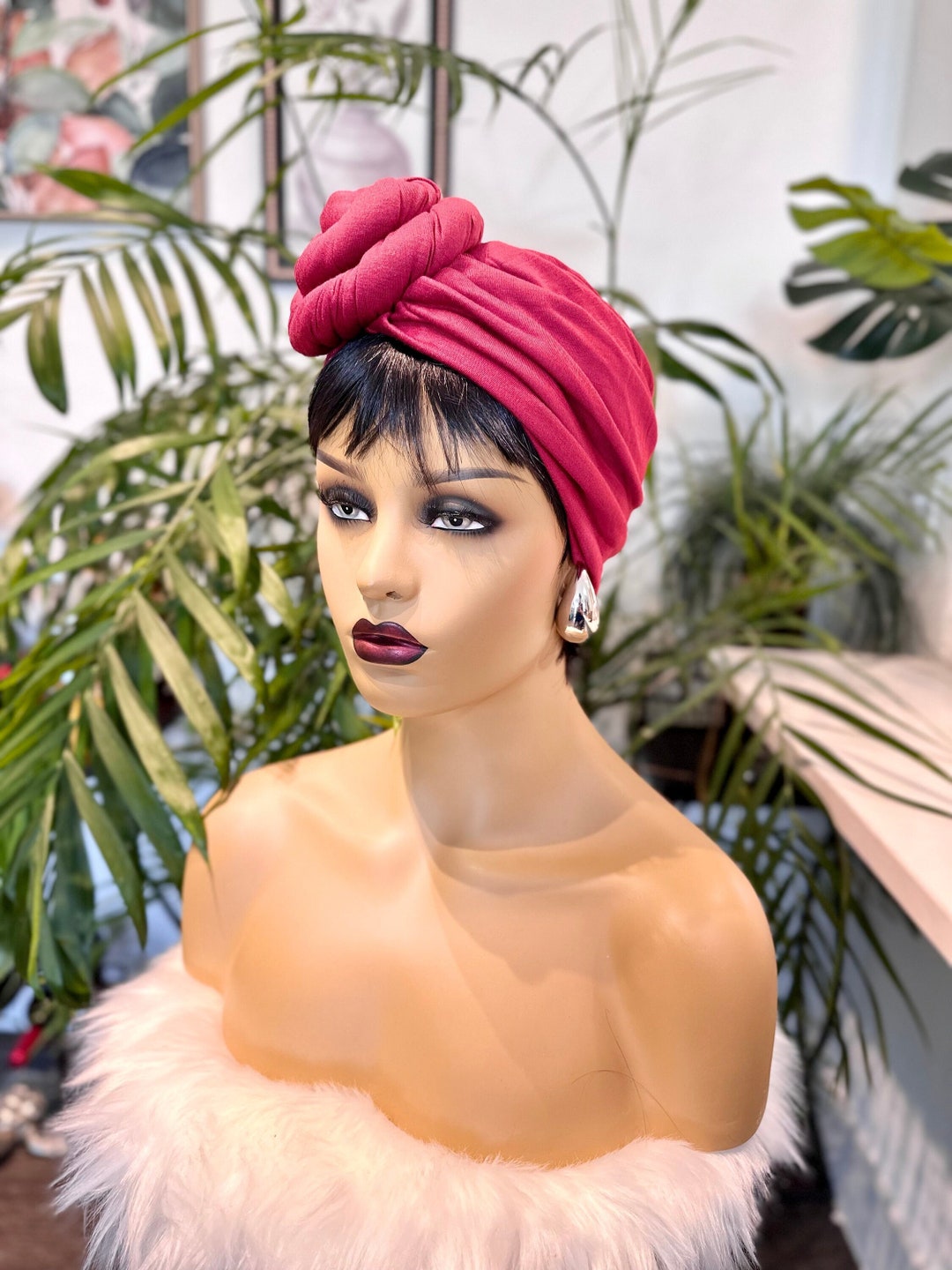 PRETIED Jumbo TWIRL TURBAN | Cranberry or Black Cotton Light-weight ...
