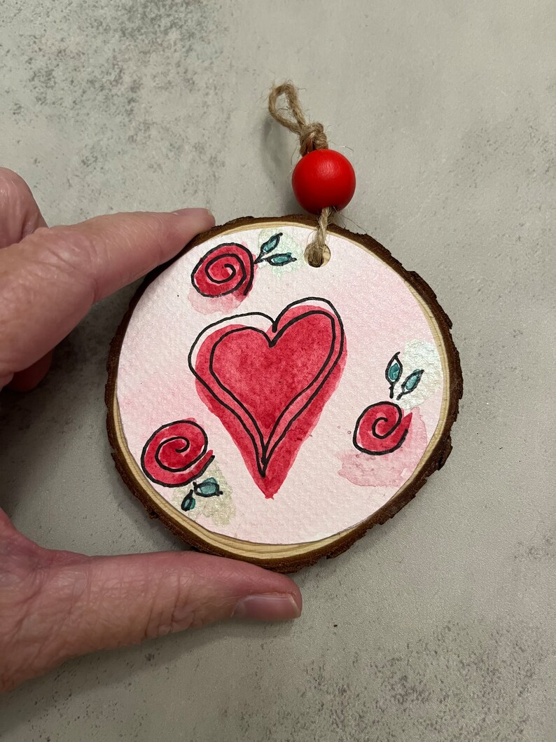 Watercolor Red Heart on Wood Slice, 3X3 Painted Ornament, Valentines ...