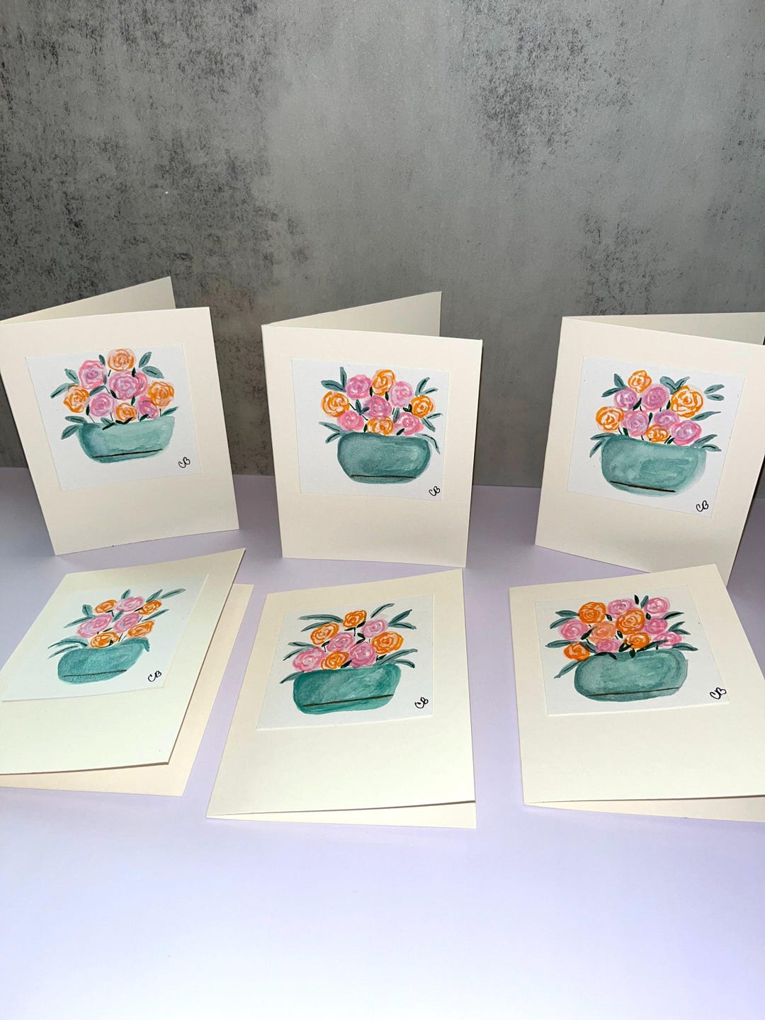 Watercolor Pink Orange Floral Notecard Set, Handpainted Flowers, 4X5 ...