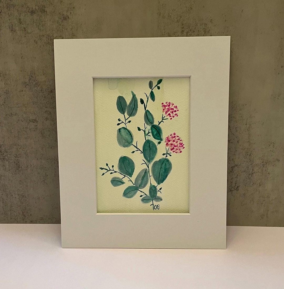 Watercolor Hand Painted Green Plant With White Mat, Eucalyptus Painting ...