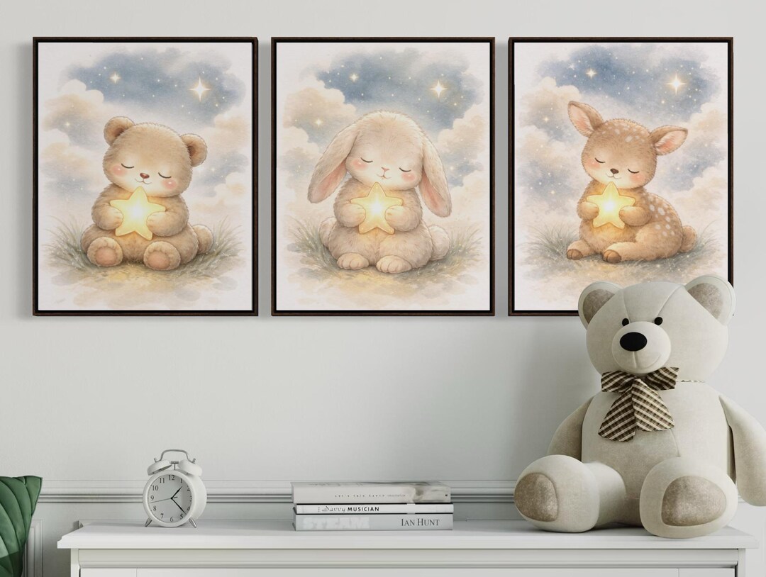 Baby Bear Starry Nursery Wall Art Bundle, Bunny & Fawn, Storybook ...