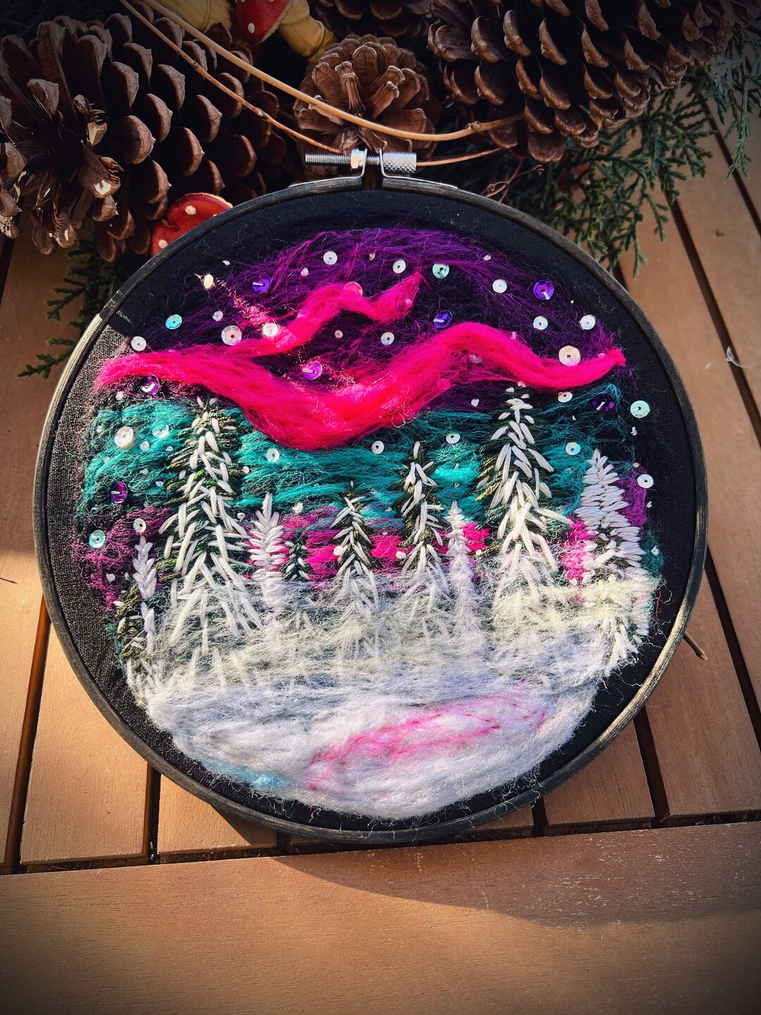 Northern Lights- Hand Embroidery Thread Painting and Needle Felted ...