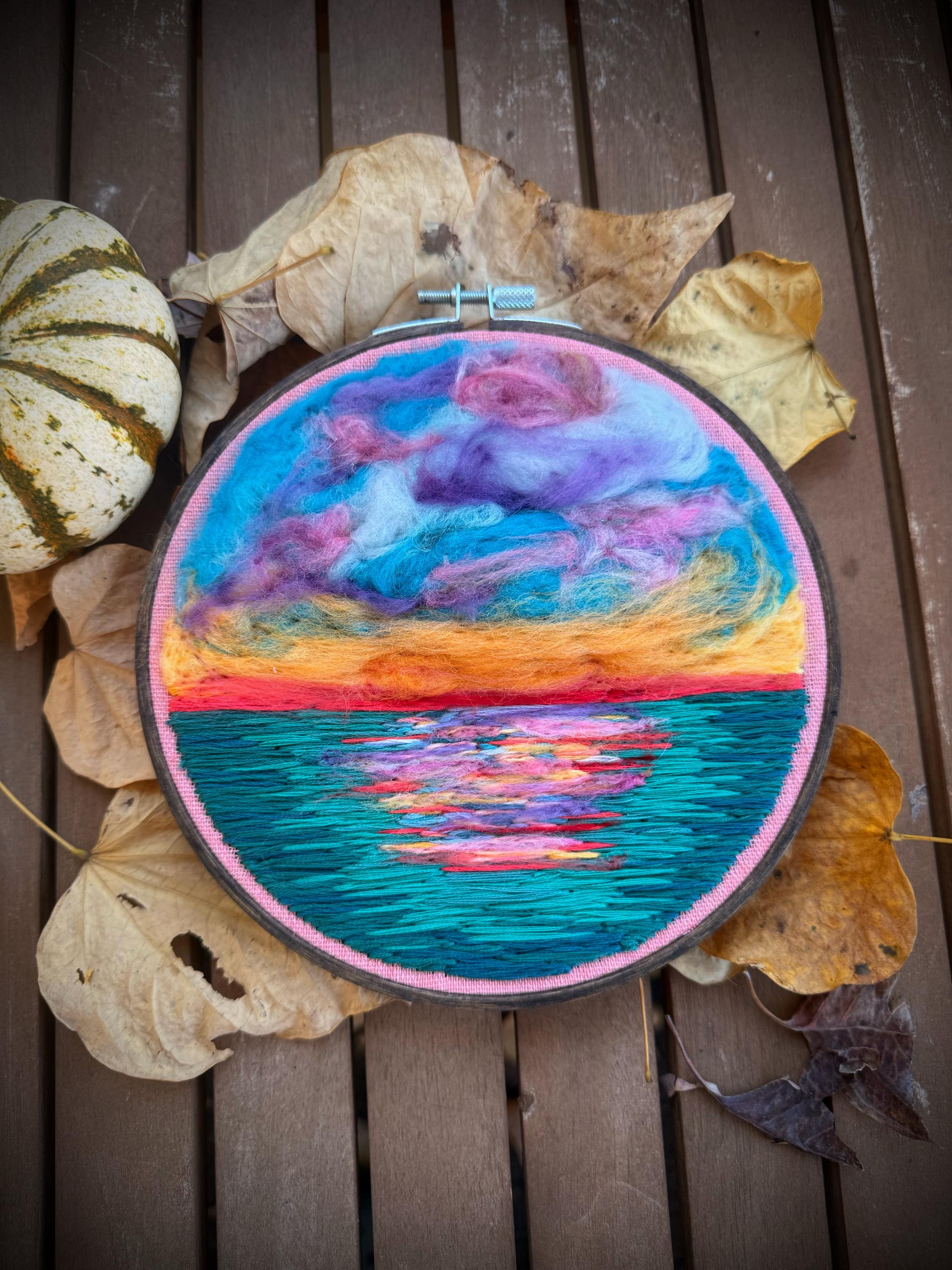 River Sunset- Hand Embroidery Thread Painting and Needle Felted ...