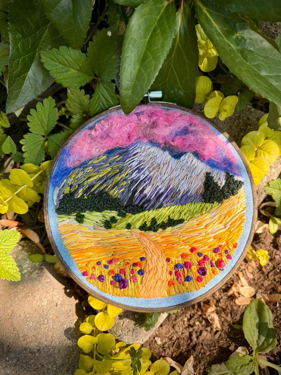 Hand Embroidery Thread Painting and Needle Felted Landscape- 6.5 Inches ...