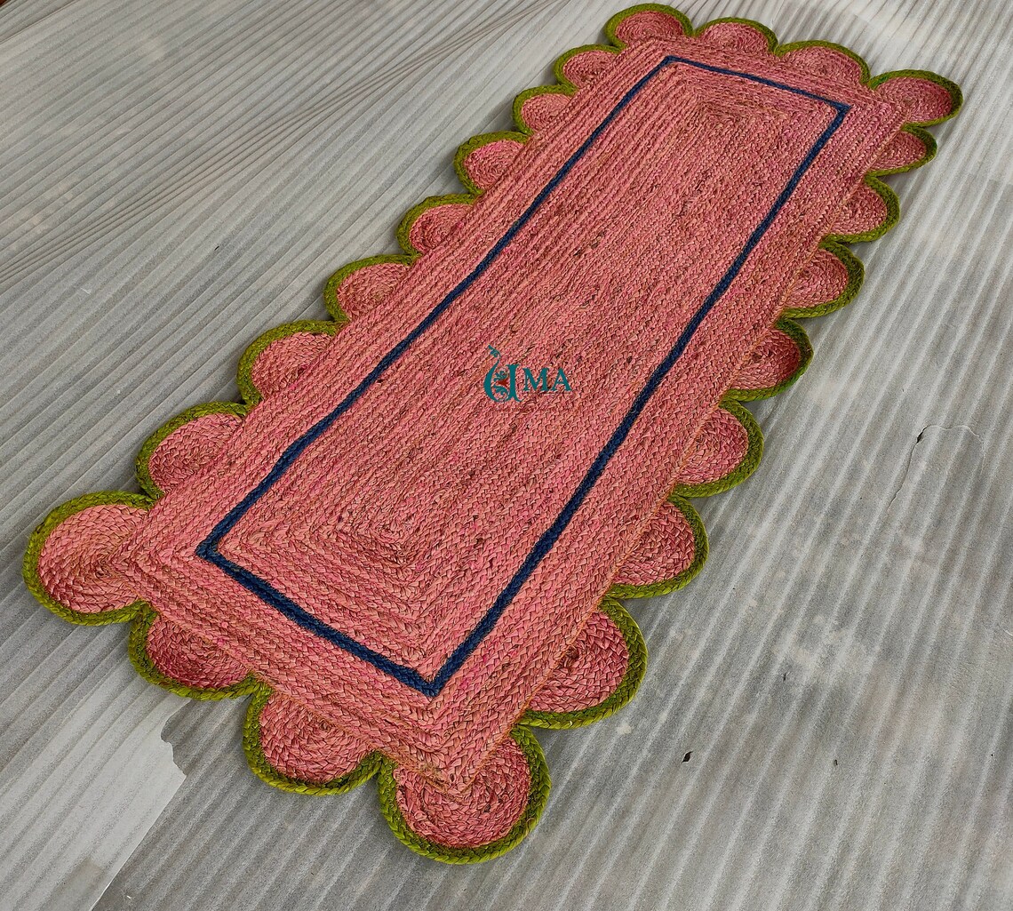 Pink Scalloped Runner or Rug Jute Bohemian Rug With Green and Blue ...