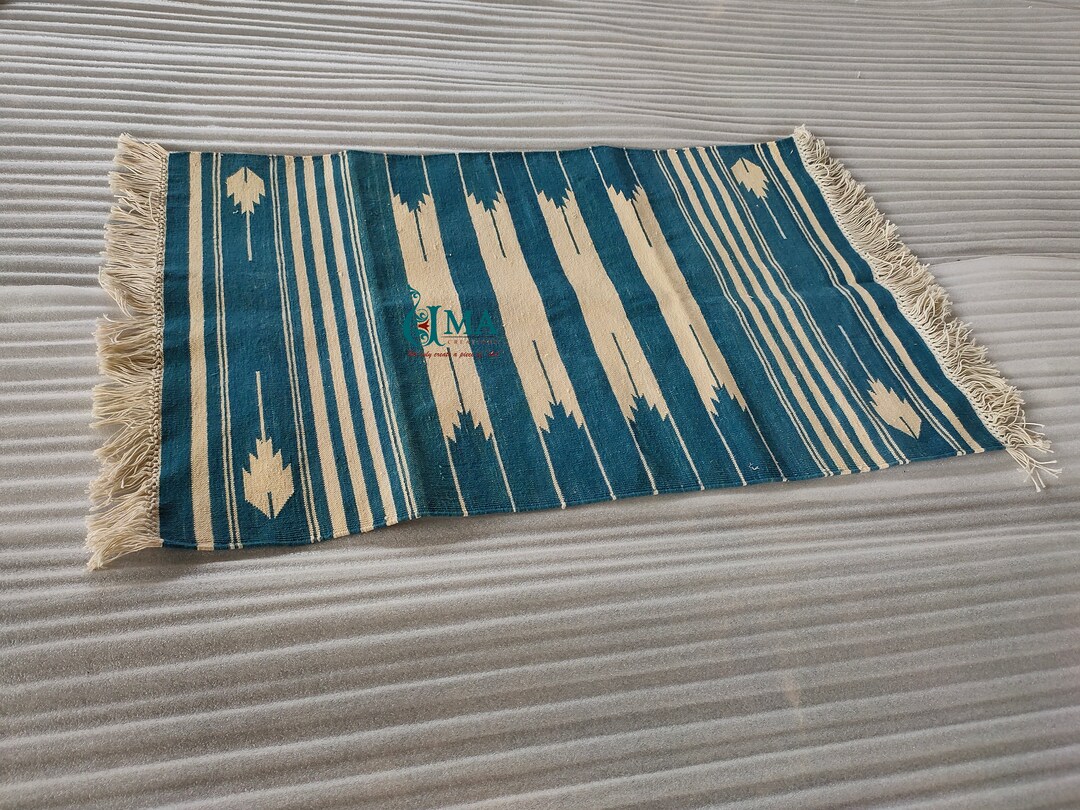 Hand Woven Cotton Flat Weave Natural Vegetable Dyed Green and Blue ...
