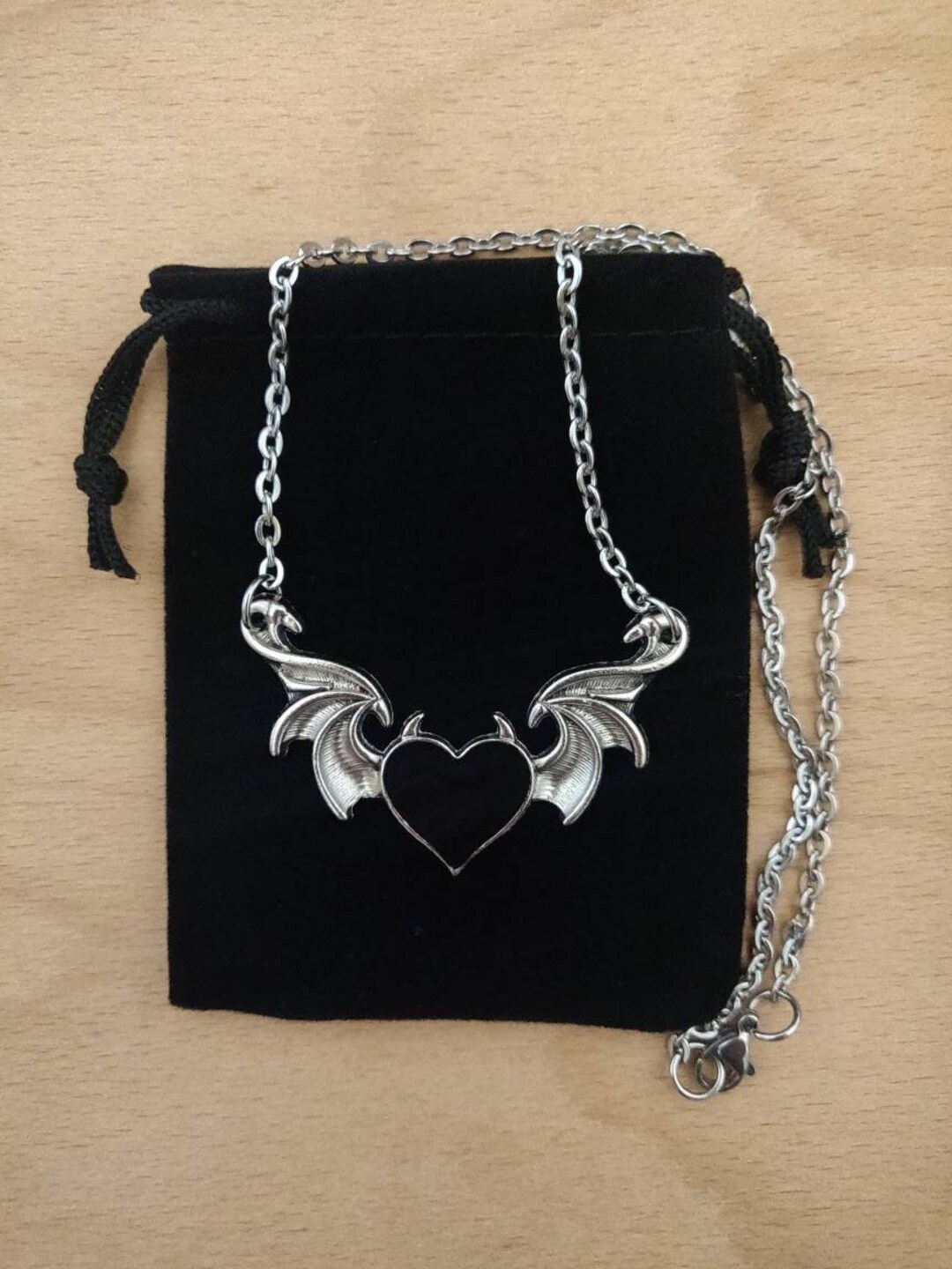 Black Heart Necklace, Angel Bat Pendant, Devil Charm, Silver Stainless ...