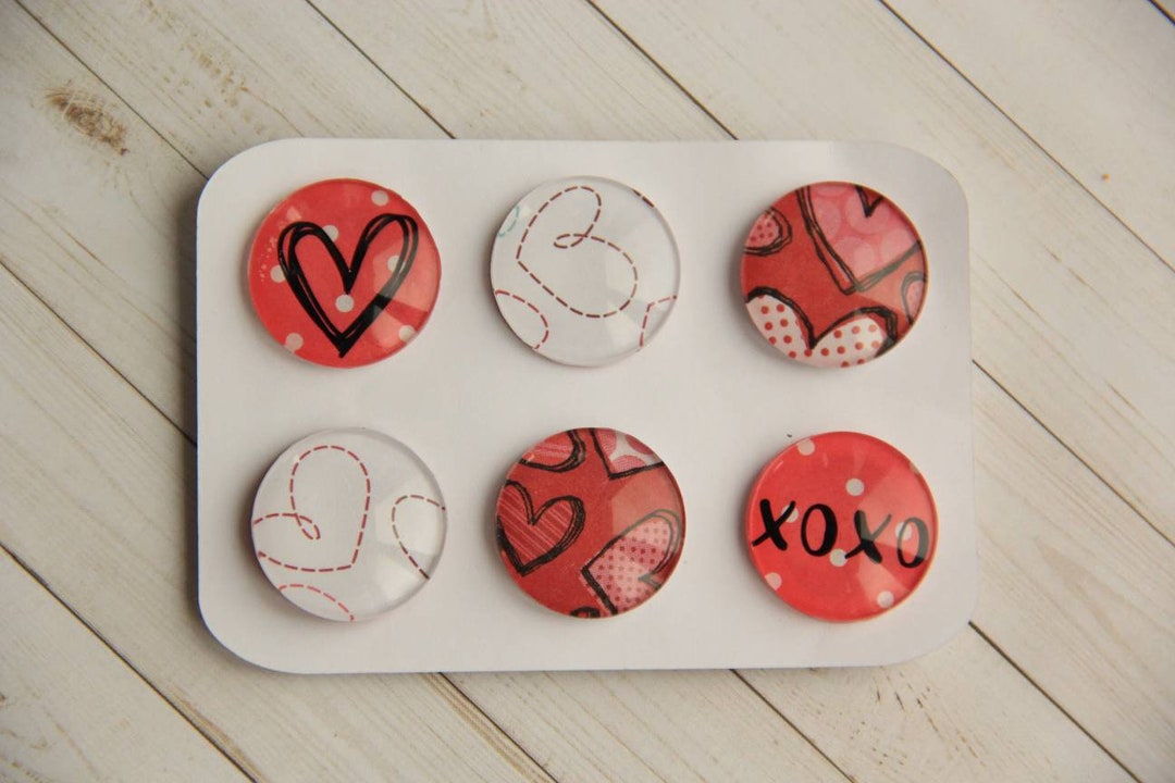 Valentine Magnets Set of 6, 1 inch Glass Cabochon Heart Magnet ...