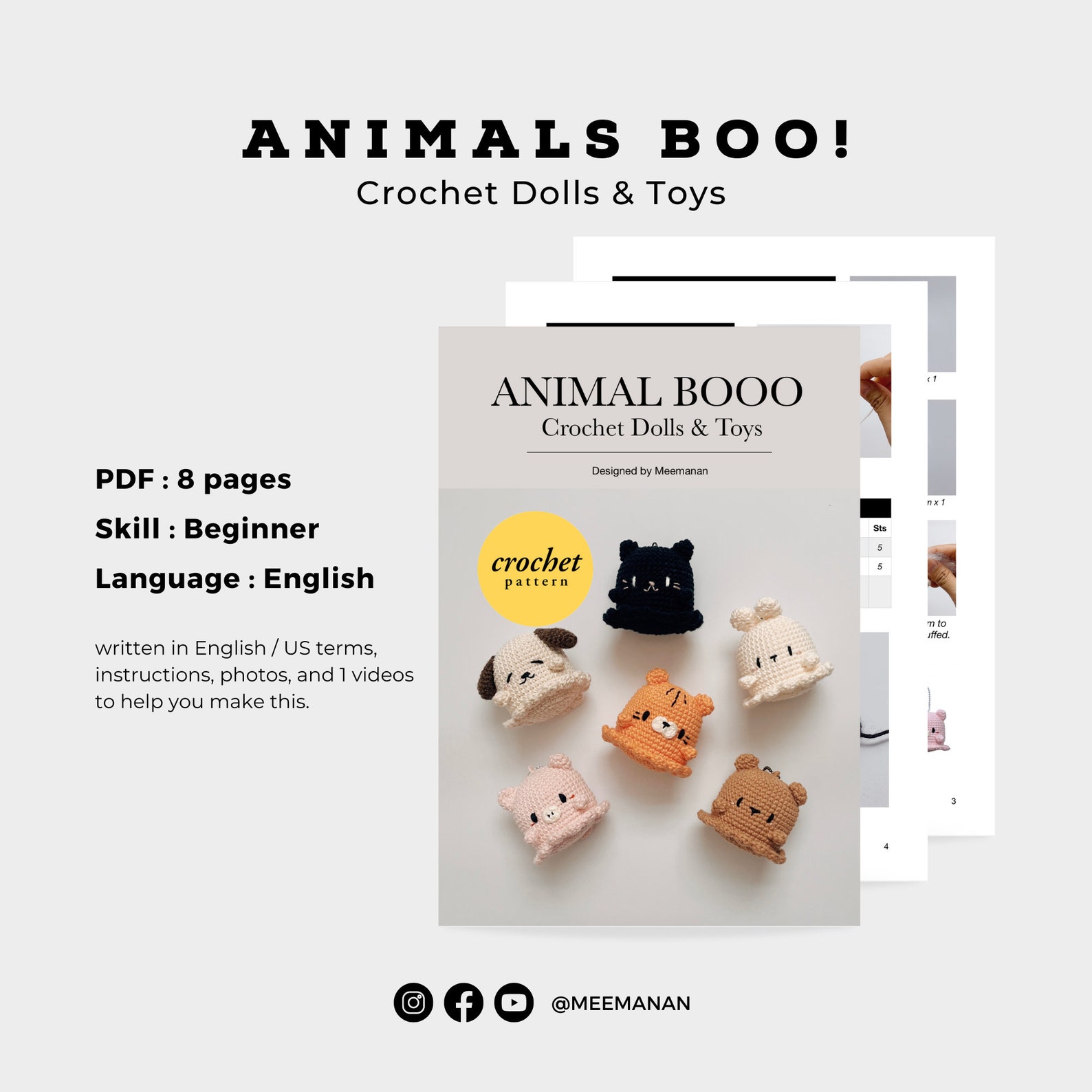 YOUTUBE + Pdf. Pattern Animal Booo, Little Ghost, Crochet Pattern, Video Tutorial DIY - Etsy