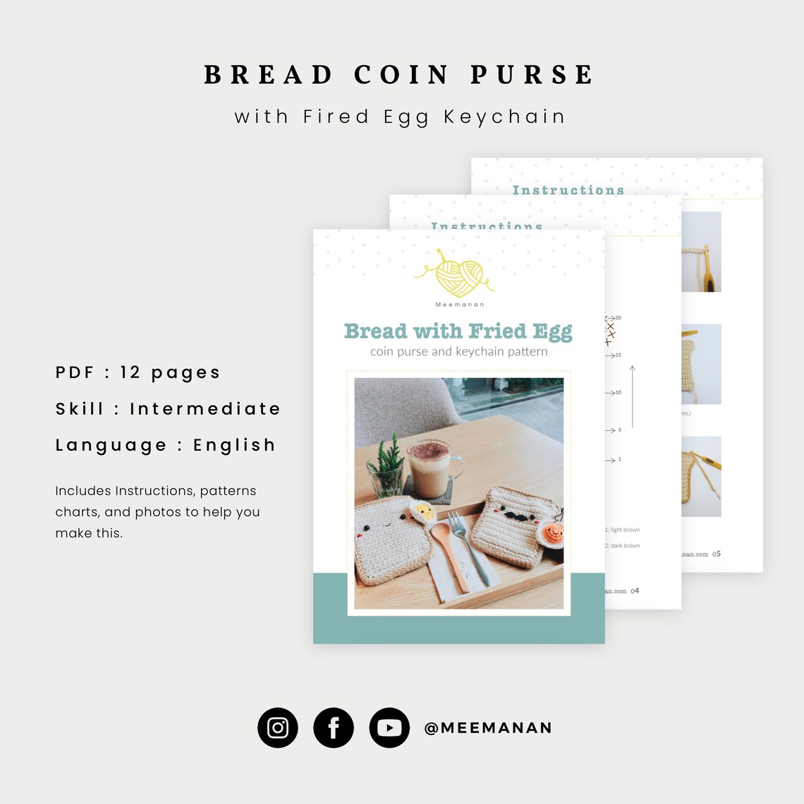 Crochet Bread Coin Purse Pattern With Fried Egg Keychain (PDF Pattern ...