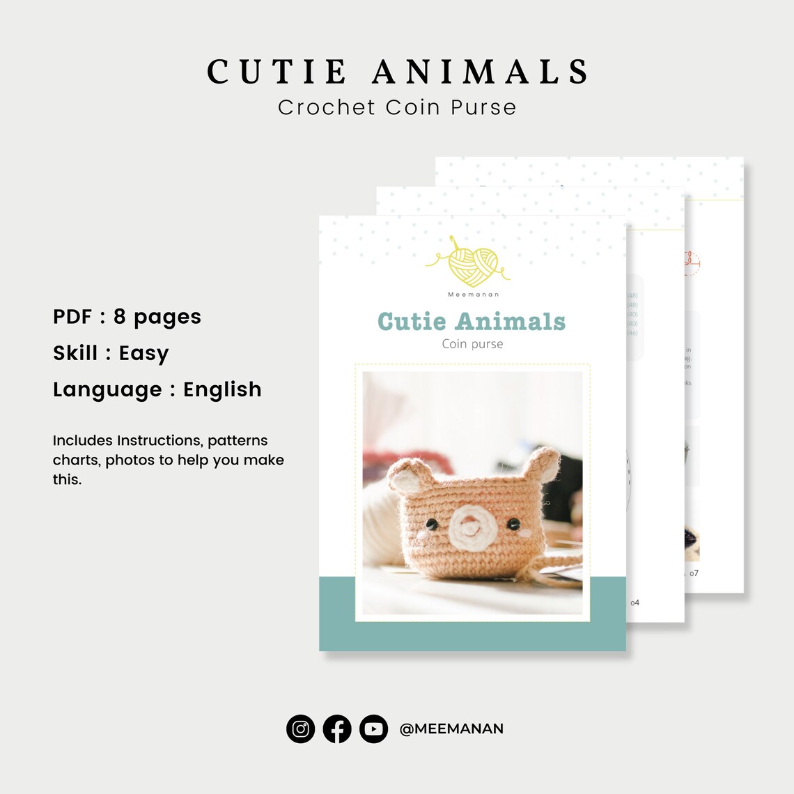 Pdf Pattern Crochet Animals Coin Purse bear Rabbit Frog - Etsy