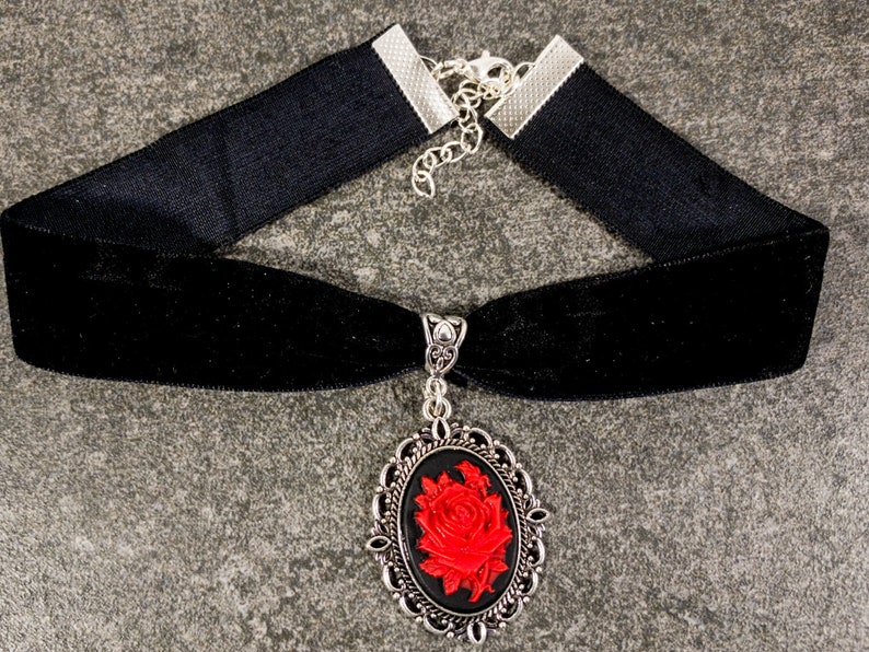 Red Rose Choker Red Rose Necklace Black Velvet Choker Cameo - Etsy
