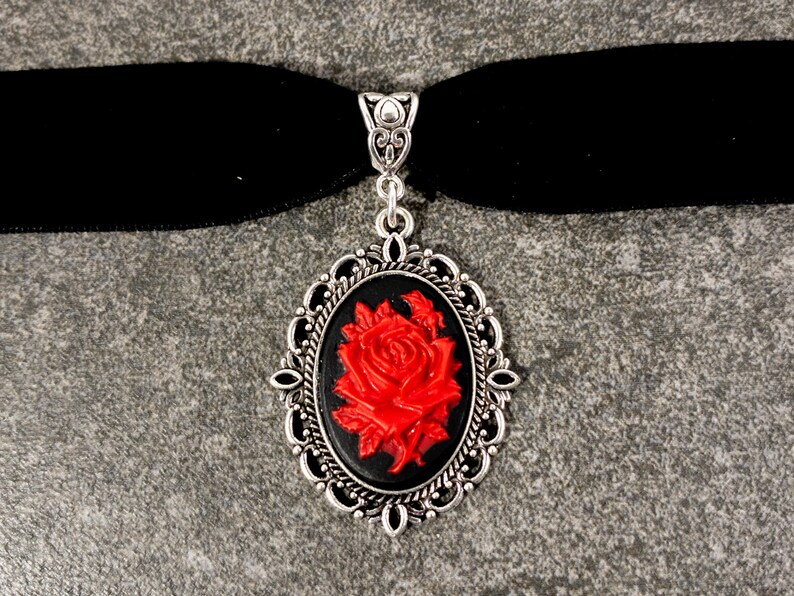 Red Rose Choker Red Rose Necklace Black Velvet Choker Cameo - Etsy