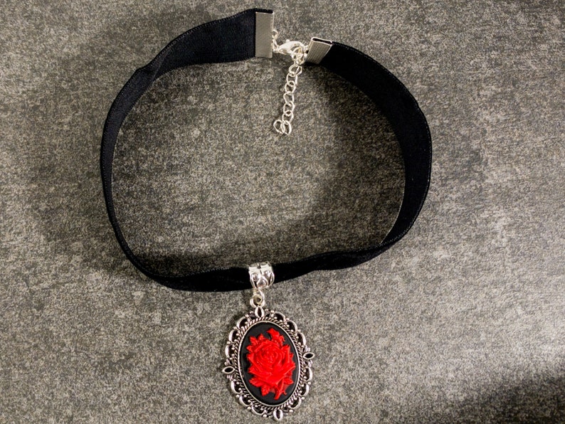 Red Rose Choker Red Rose Necklace Black Velvet Choker Cameo - Etsy