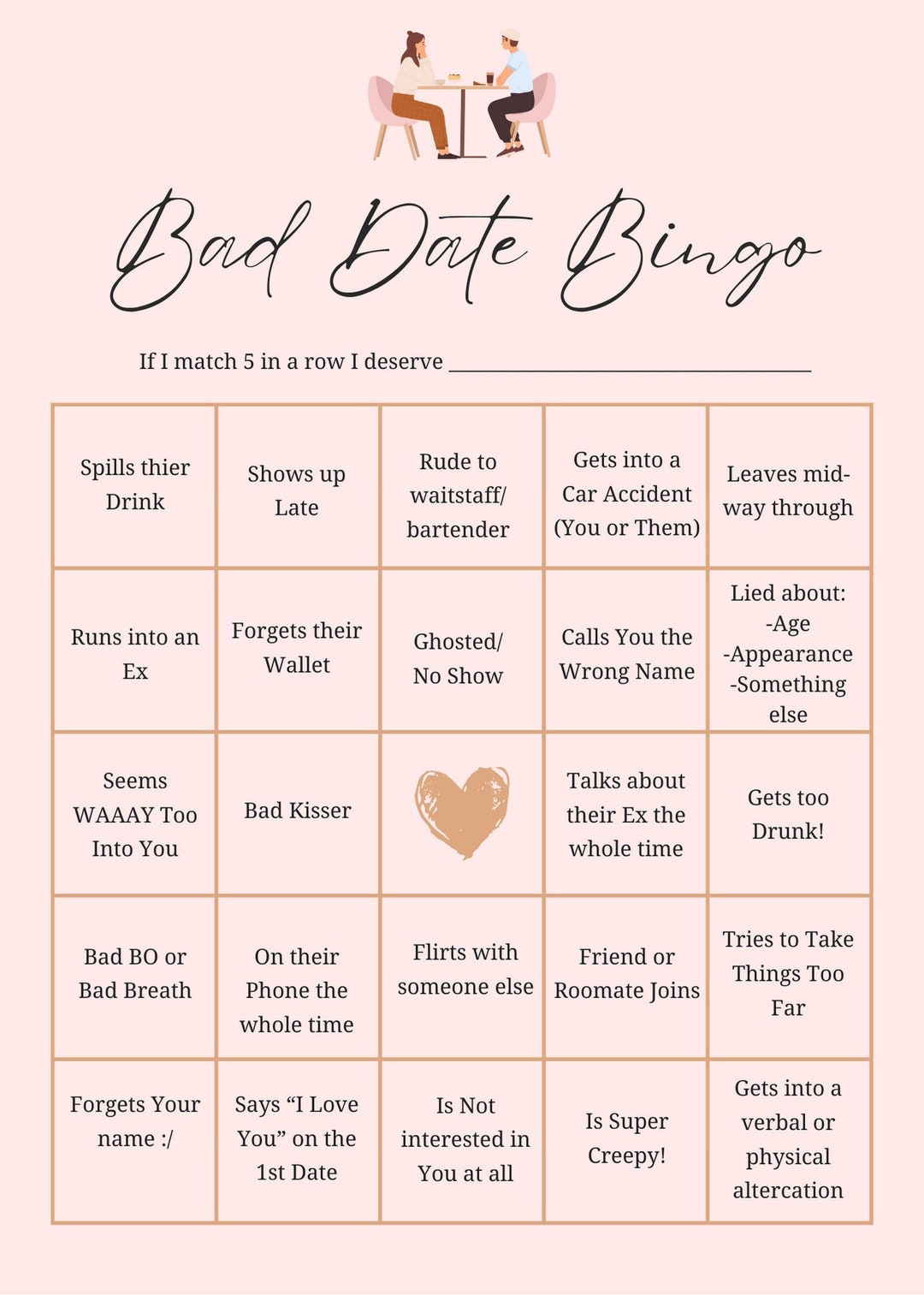 Bad Date Bingo Card- Digital File - Etsy