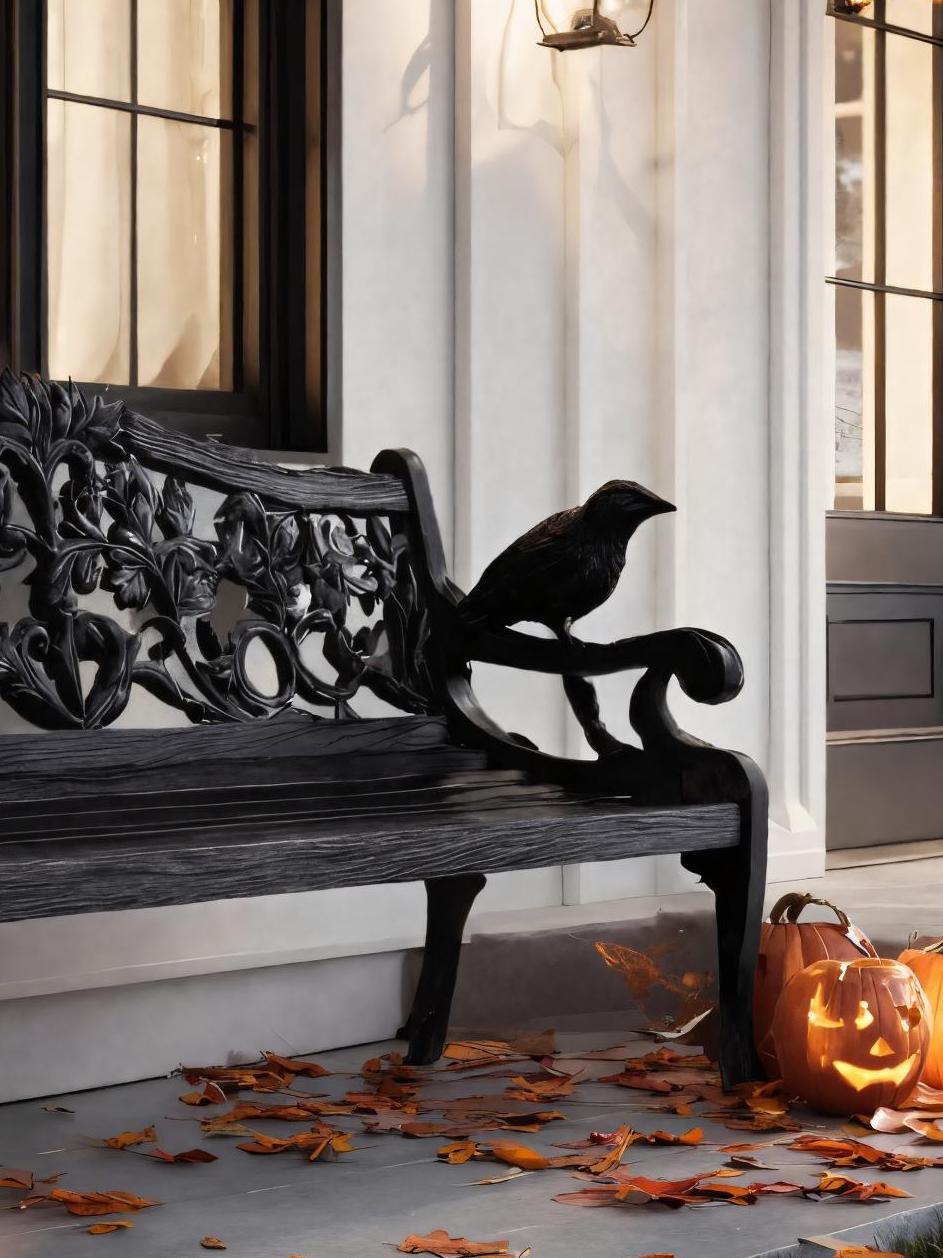 Gothic Raven Bench With Ornate Carvings for Halloween Porch Decor and ...