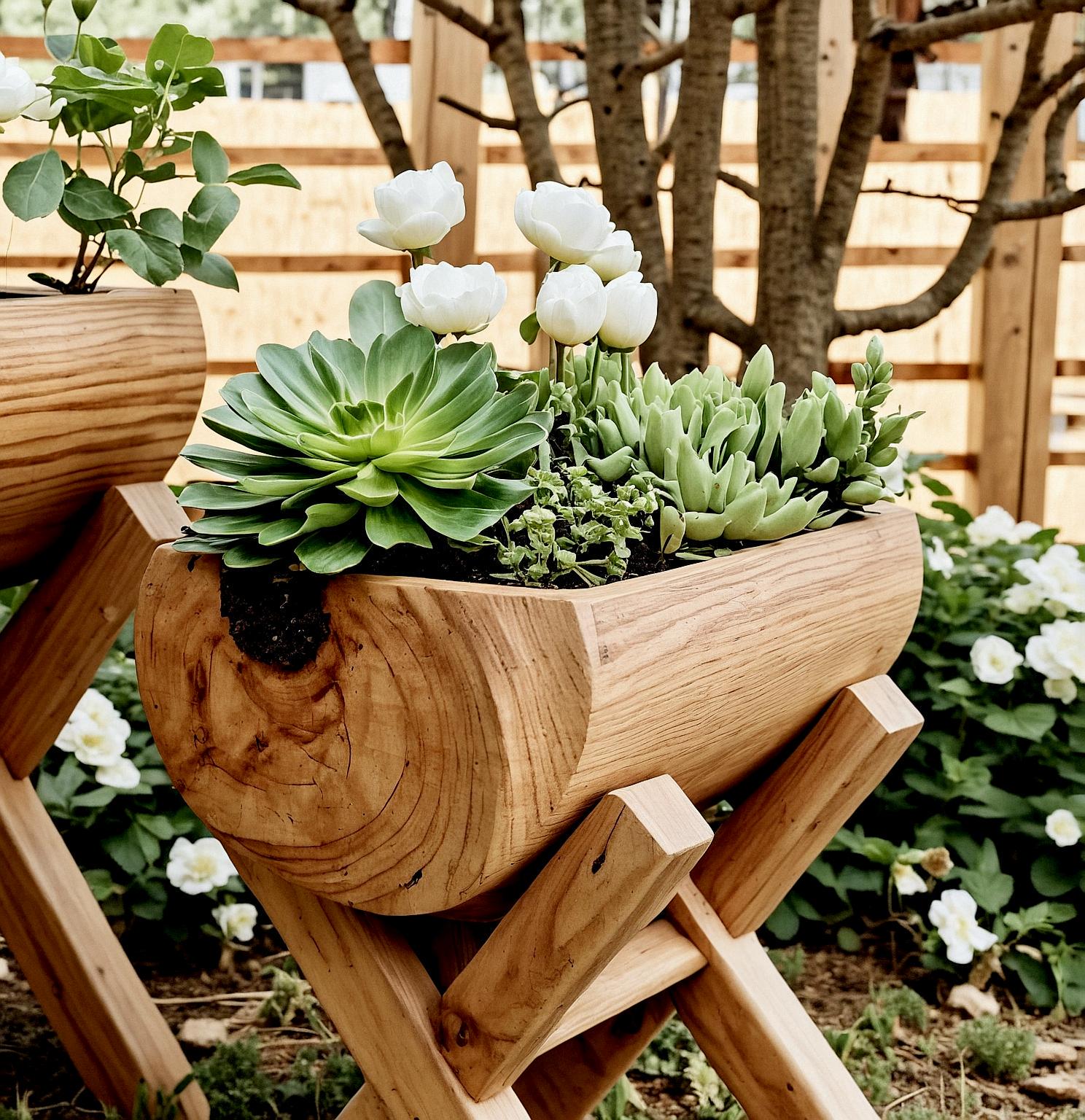 Rustic Log Planter With Stand for Garden and Patio Decor, Solid Wood ...