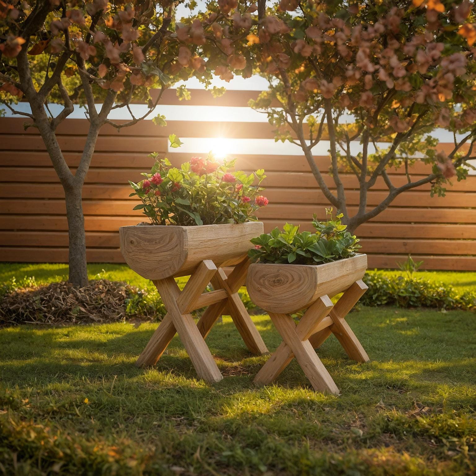 Rustic Log Planter With Stand for Garden and Patio Decor, Solid Wood ...