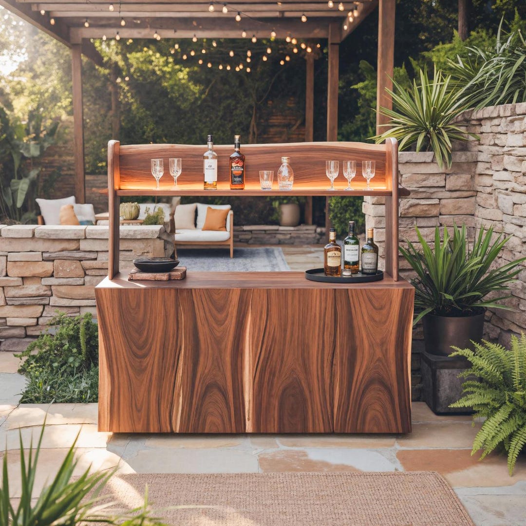 Outdoor Live Edge Bar Table With Curved Shelf and Artistic Wood Grain ...
