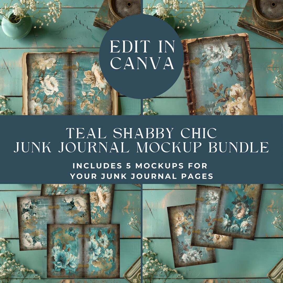 Junk Journal Mockup Canva, Drag and Drop Mockup, Shabby Chic, Teal and ...