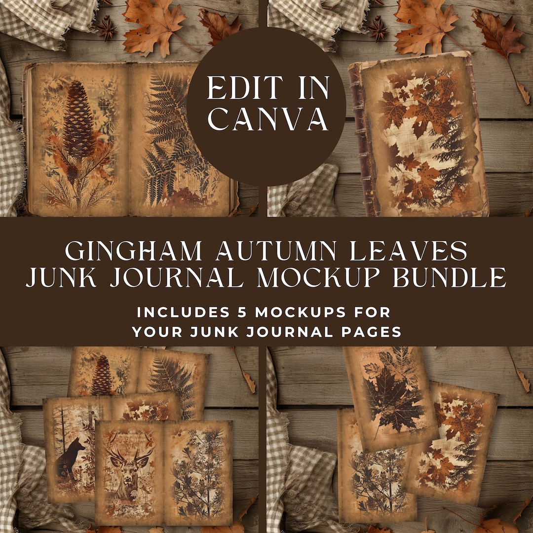 Gingham Autumn Leaves Junk Journal Mockup Bundle: Fall Canva Drag ...