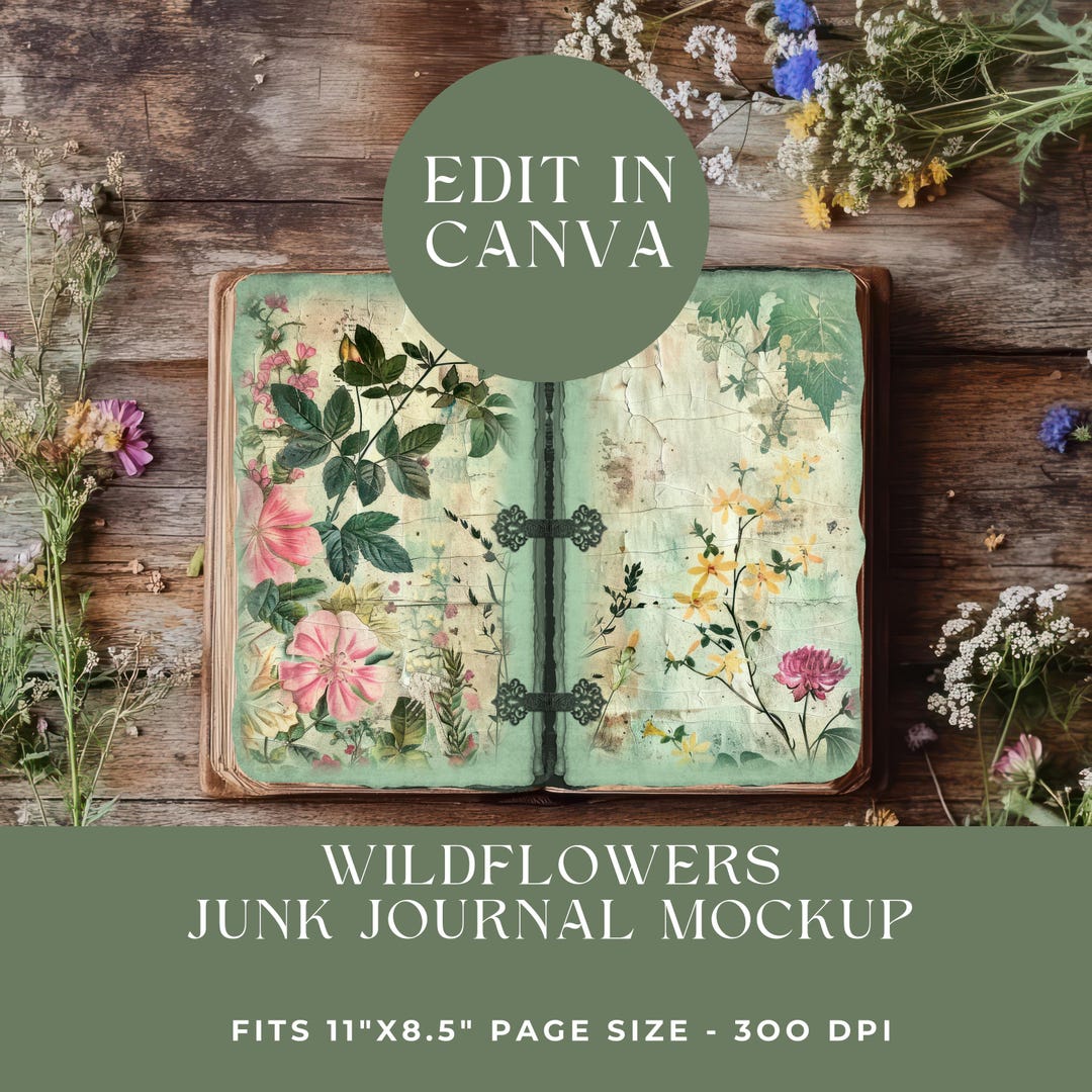 Rustic Wildflowers Junk Journal Mockup: Botanical Floral Canva Drag ...