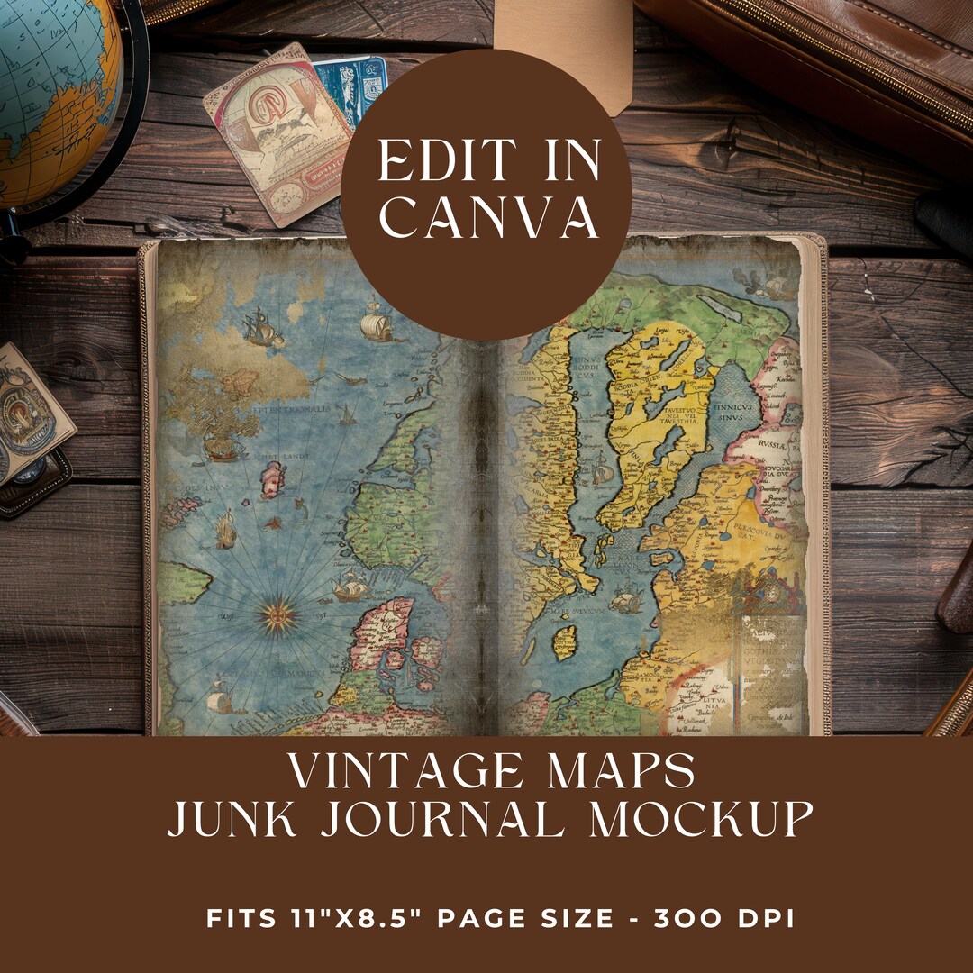 Junk Journal Mockup Canva, Drag and Drop Mockup, Vintage Travel, Maps ...