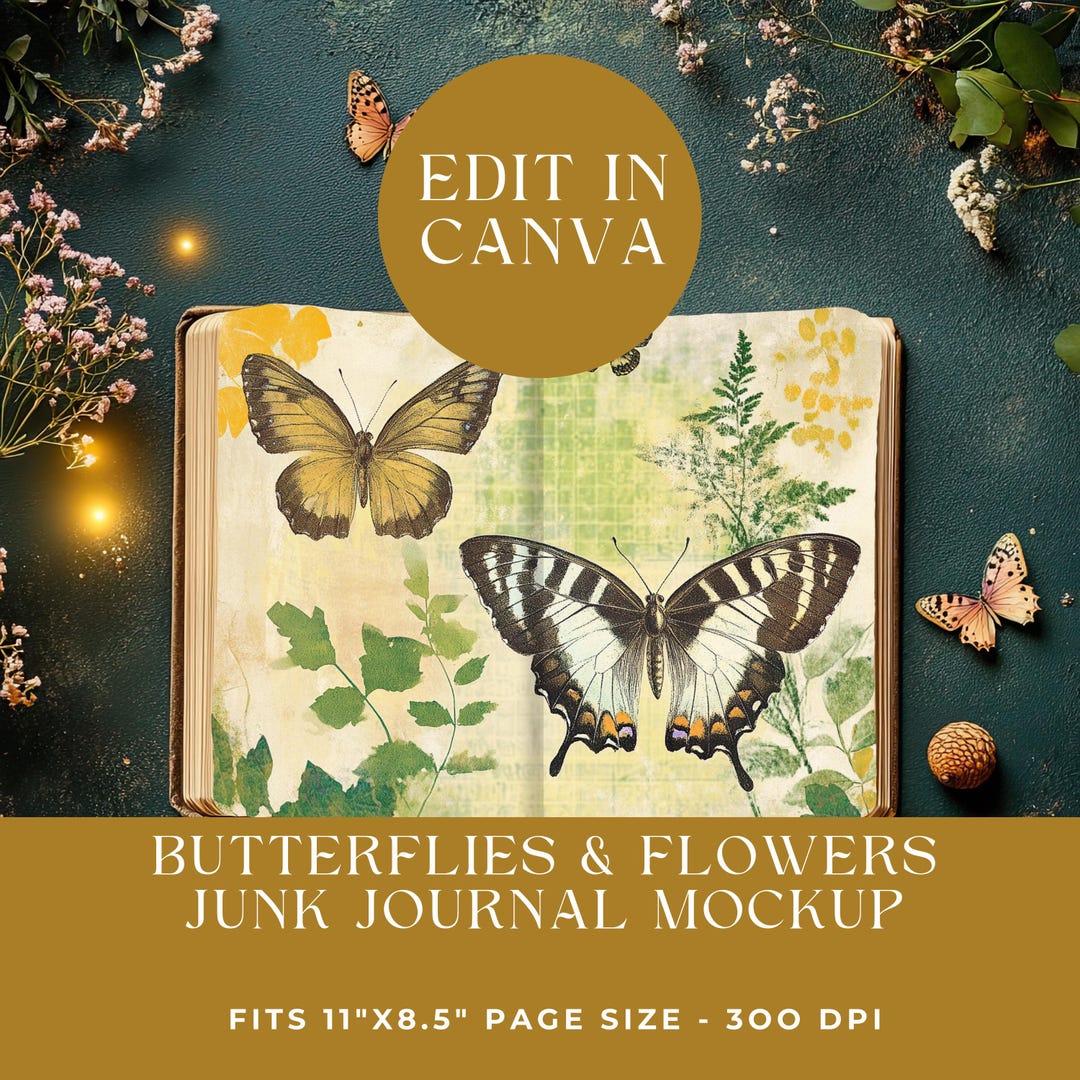 Butterfly Floral Junk Journal Mockup: Canva Drag & Drop Template ...